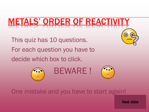 True False Quiz on reactivity of metals | Teaching Resources