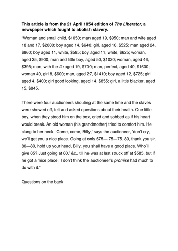 Slave Auctions: lesson and activities | Teaching Resources