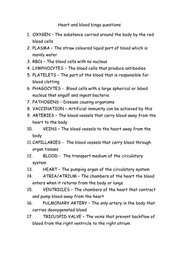 Circulatory system bingo | Teaching Resources
