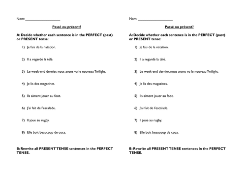 French Starter worksheet - past or present tense? | Teaching Resources