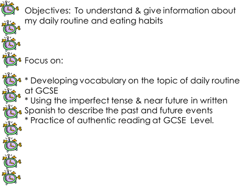 Spanish vocabulary, tenses: Daily routine and diet | Teaching Resources