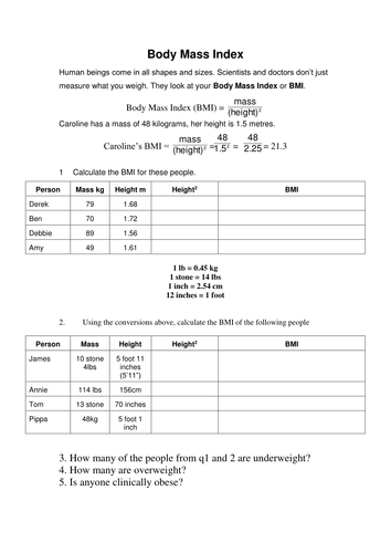 KS4 Biology Body Mass Index BMI worksheet | Teaching Resources