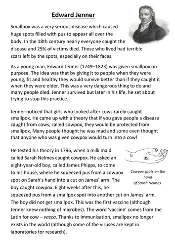 Edward Jenner, smallpox, comprehension | Teaching Resources