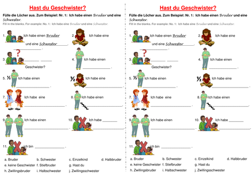 German - Brother, Sister Gap fill - Differentiated | Teaching Resources