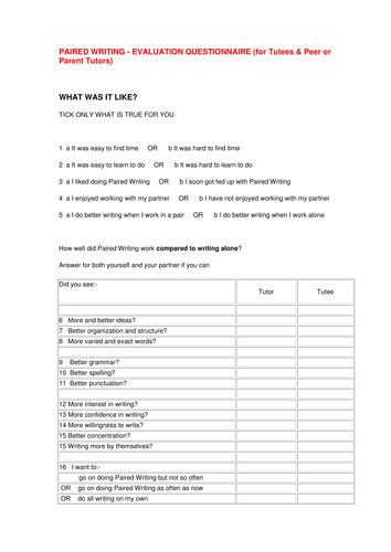 Paired writing - Evaluation forms | Teaching Resources