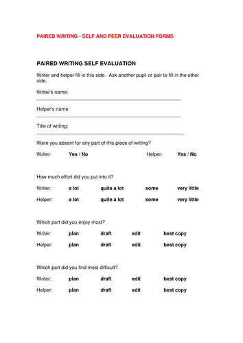 Paired writing - Evaluation forms | Teaching Resources
