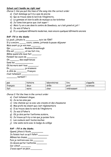 French song cloze activity; School can't handle me | Teaching Resources