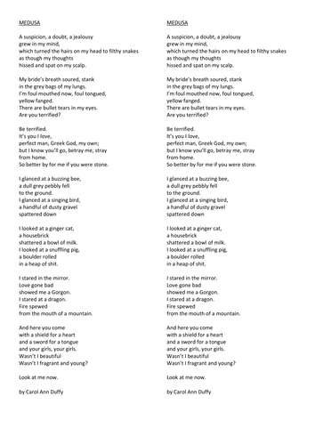 Analysis of Duffy's poem Medusa | Teaching Resources