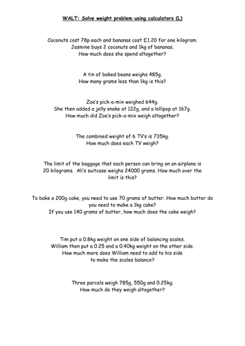 Differentiated Weight Word Problems | Teaching Resources