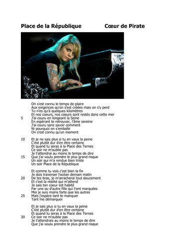 French song Place de la République Coeur de Pirate | Teaching Resources