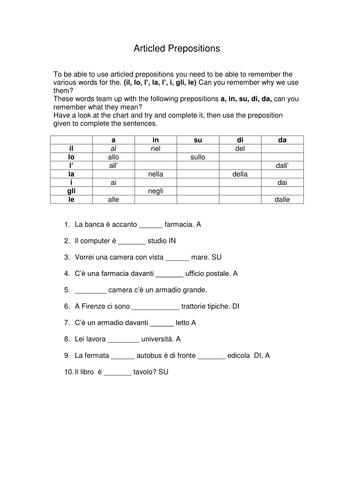 Italian articled prepositions | Teaching Resources
