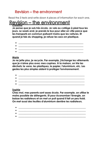 KS4 French Environment revision tasks | Teaching Resources