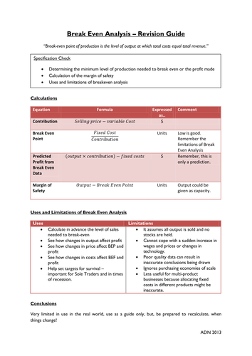Break Even - Revision Guide and Calculations | Teaching Resources