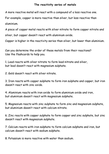 The reactiviy series of metals - card sort | Teaching Resources