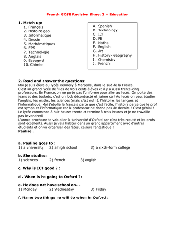 REVISION SHEET - Education | Teaching Resources