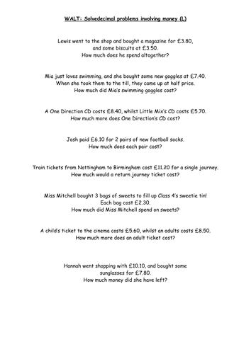 Differentiated word problems involving money | Teaching Resources