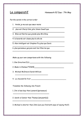 KS4 French Comparative and Superlative worksheet | Teaching Resources