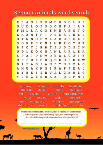 Kenyan animals word search | Teaching Resources