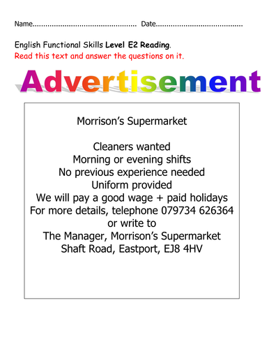 Functional Skills Reading Adverts Mock Entry L2 | Teaching Resources