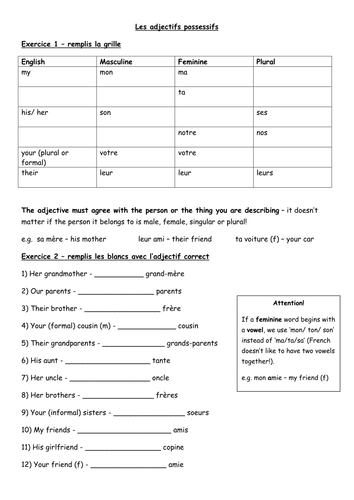 French possessive adjectives - families | Teaching Resources