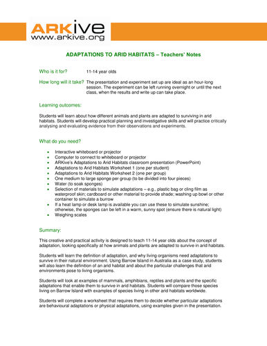 Adaptations to Arid Habitats | Teaching Resources