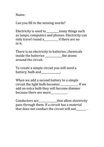 Fill the blanks about circuits and electricity | Teaching Resources