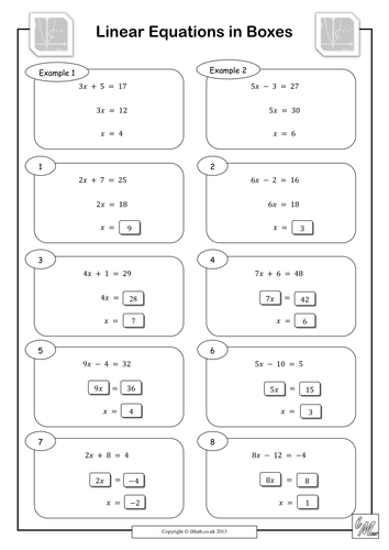 Linear Equations In Boxes | Teaching Resources