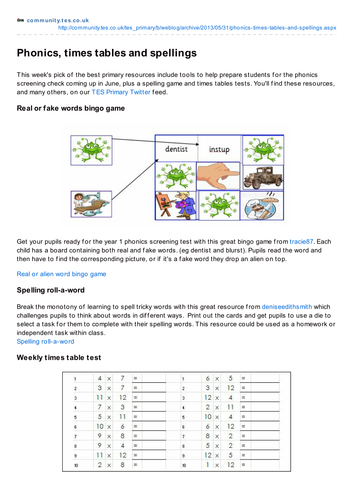 Phonics, times tables and spellings | Teaching Resources