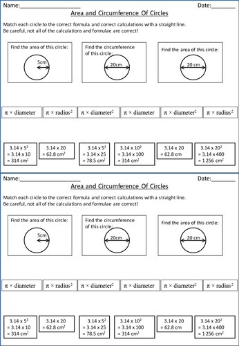 Area & Circumference of Circles Match-Up | Teaching Resources