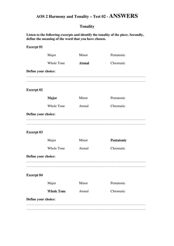 AQA Area of Study 02 - Tonality Test 02 | Teaching Resources
