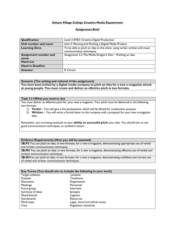BTEC Creative Digital Media P&P Briefs | Teaching Resources