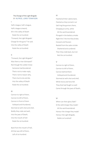 Charge of the Light Brigade: lessons, worksheet | Teaching Resources