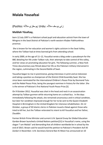 Malala Yousafzai - a source of inspiration | Teaching Resources