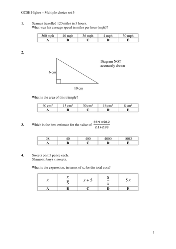 Multiple Choice Questions: GCSE Maths Higher Tier | Teaching Resources