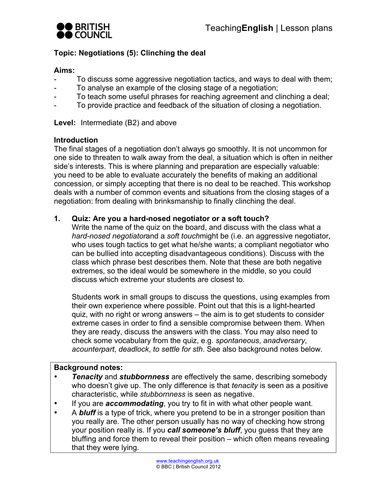 Negotiations 5: Clinching the deal | Teaching Resources