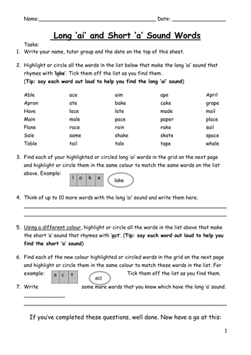 Long 'ai' and Short 'a' Sound Words - Phonics | Teaching Resources