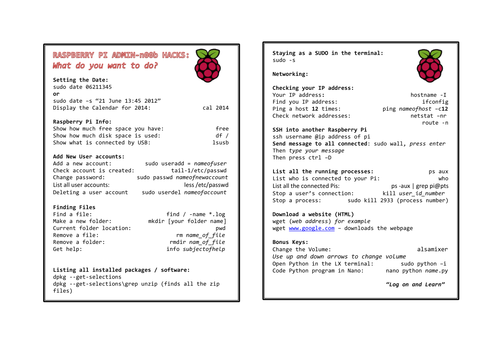 Raspberry Pi Noob Bookmark & Admin Cheat sheet | Teaching Resources