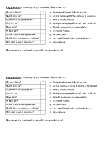 Key questions - Italian - match up worksheet | Teaching Resources