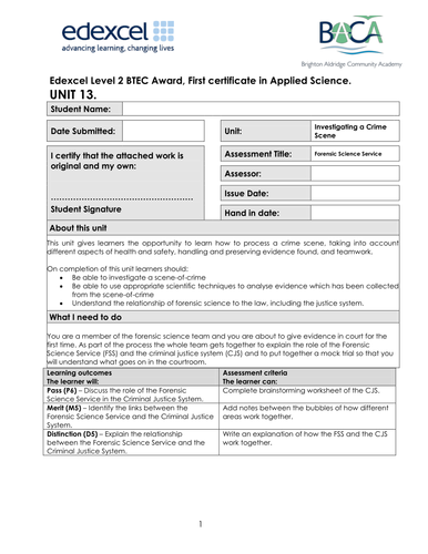 BTEC Level 2 - Unit 13 (Forensics) Assignment 5 | Teaching Resources