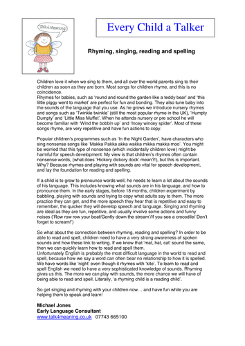 Rhyming, singing, reading and spelling | Teaching Resources