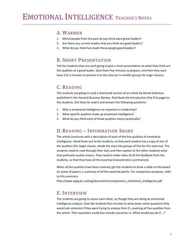 Business English Lesson - Emotional Intelligence | Teaching Resources