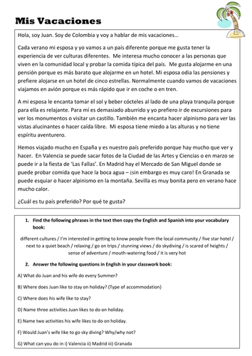 KS4 Spanish: Holidays Reading and Vocabulary by Dannielle89 - Teaching ...