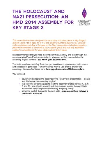 Assembly for KS3 for Holocaust Memorial Day 2014 | Teaching Resources