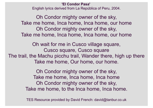El Condor Pasa, Andes, karaoke, guitar | Teaching Resources