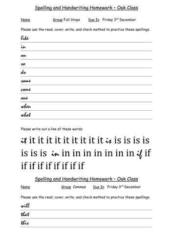 Homework spelling and handwriting sheets by tryingtogetorganised ...