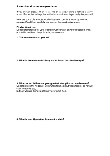 Examples of Interview Questions | Teaching Resources