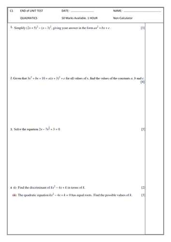 C1 Quadratics Test. With Mark Scheme | Teaching Resources
