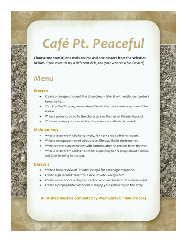 Homework menu for Private Peaceful by M. Morpurgo | Teaching Resources