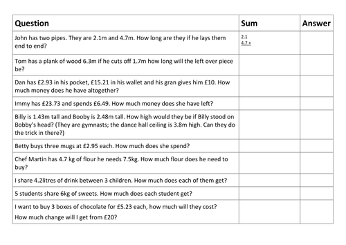Decimals - Worded Problems | Teaching Resources