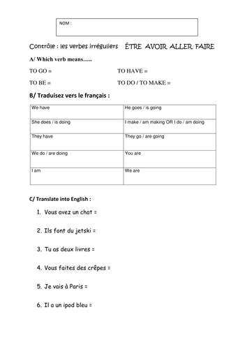 TEST on ETRE AVOIR ALLER FAIRE | Teaching Resources